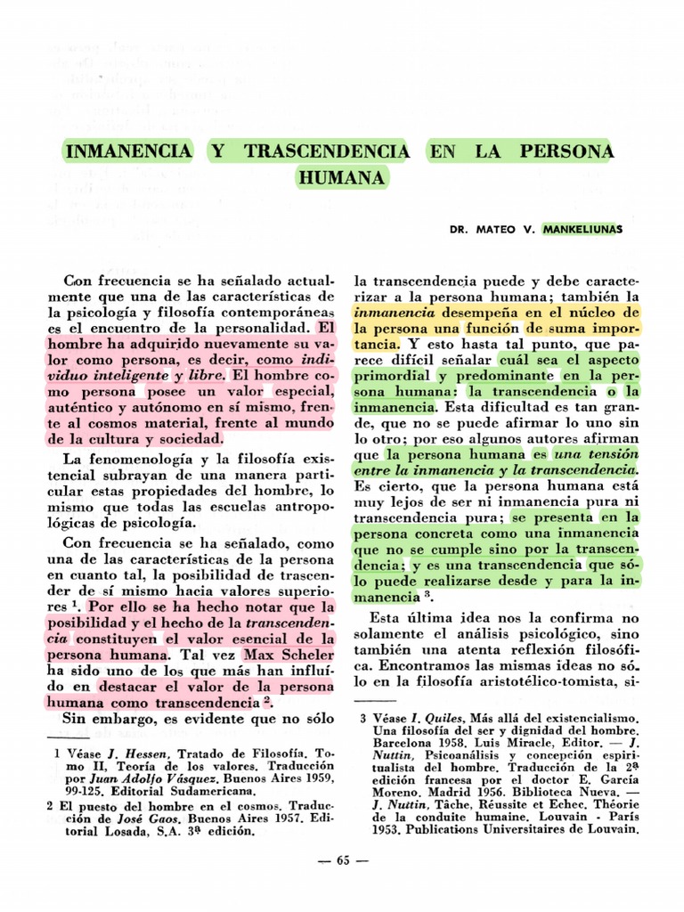 Inmanencia y Trascendencia en La Persona Humna | PDF | Existencialismo ...