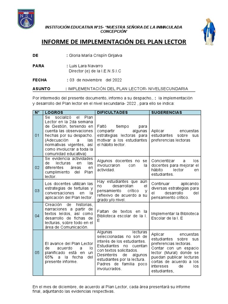 Informe Del Plan Lector | PDF