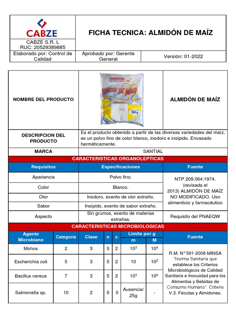 Ficha Tenica - Almidon de Maiz | PDF | Alimentos | Maíz