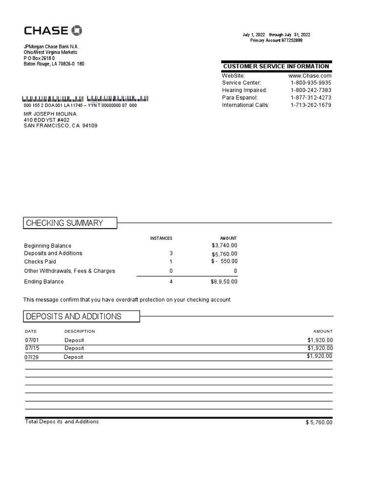 Chase Bank Statement Summary 2022 | PDF | Cheque | Deposit Account