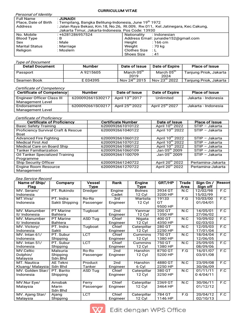 CURRICULUM VITAE - JUNAIDI - ENGINEER OFFICER CLASS III - Offs | PDF | Tugboat | Jakarta
