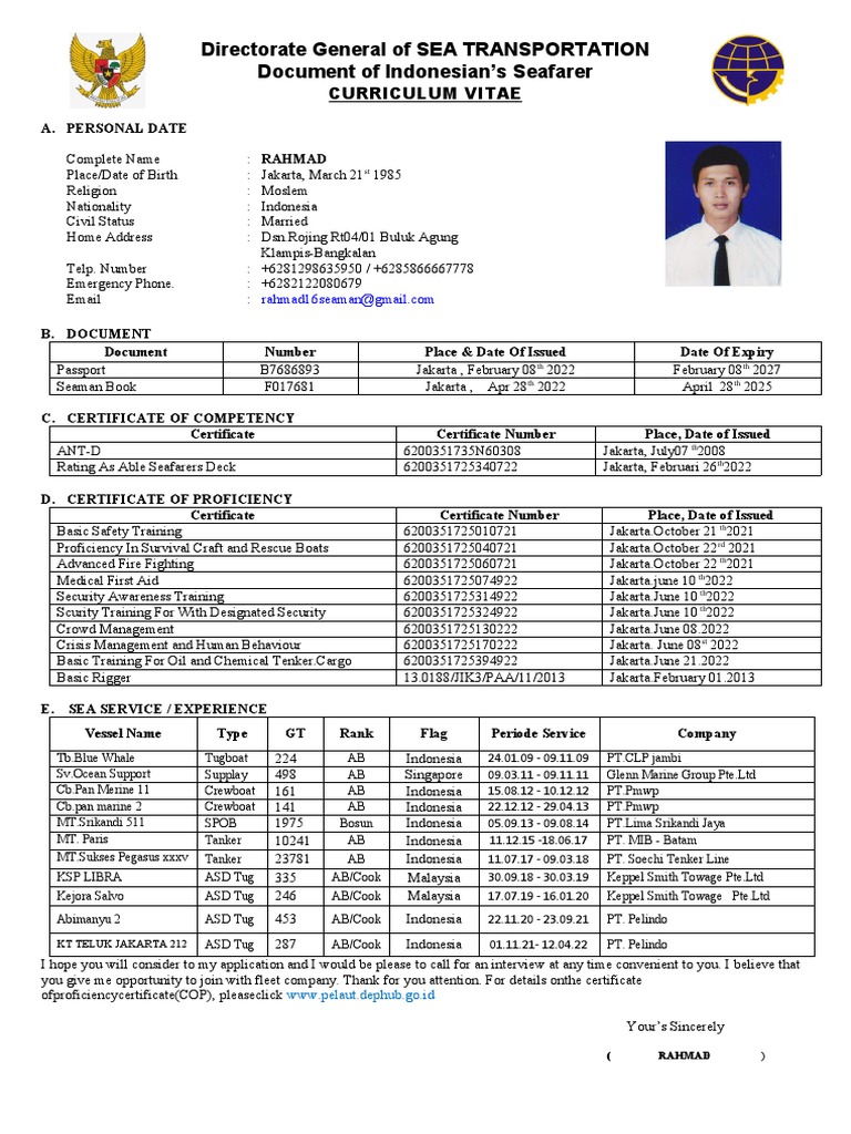 Rahmad CV | PDF | Sailor | Tugboat