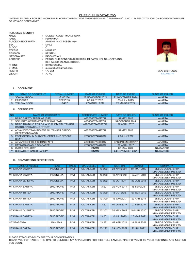 Pumpman CV: Gustaf Adolf Manuhuwa | PDF | Freight Transport | Watercraft