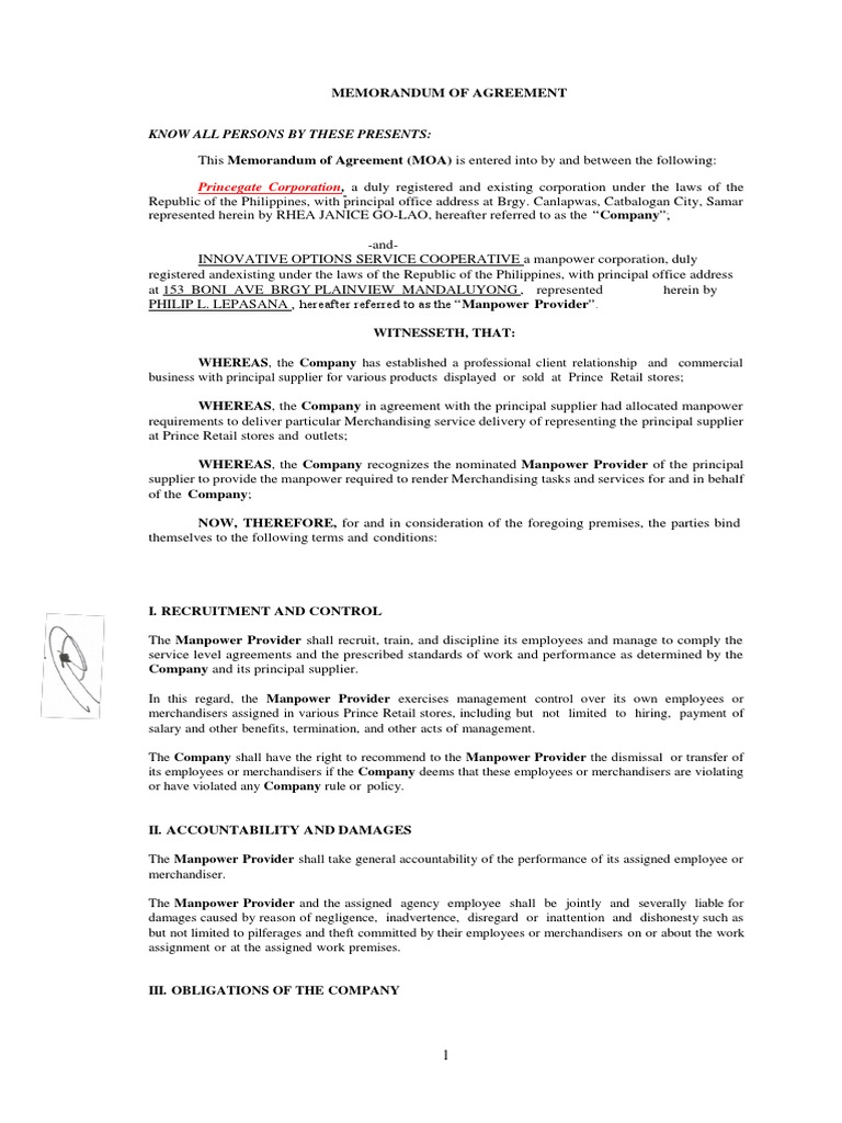 MOA Manpower Provider Merchandisers - Docx Final2 2 | PDF | Employment | Theft