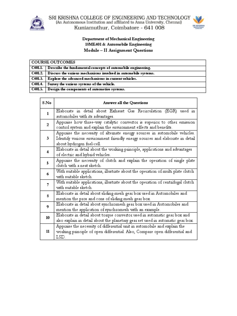 Automobile Engineering Module II Assignment Questions | PDF