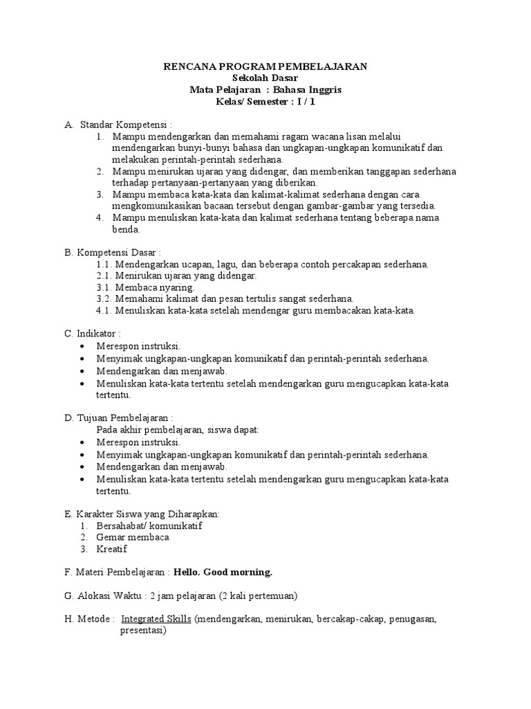 RPP Kls 1 | PDF | Karier & Perkembangan | Seni & Disiplin Bahasa