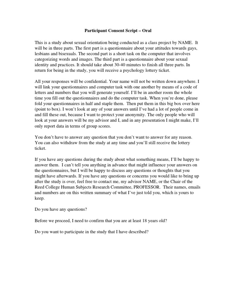 Oral Consent Script | PDF Oral Consent Script | PDF