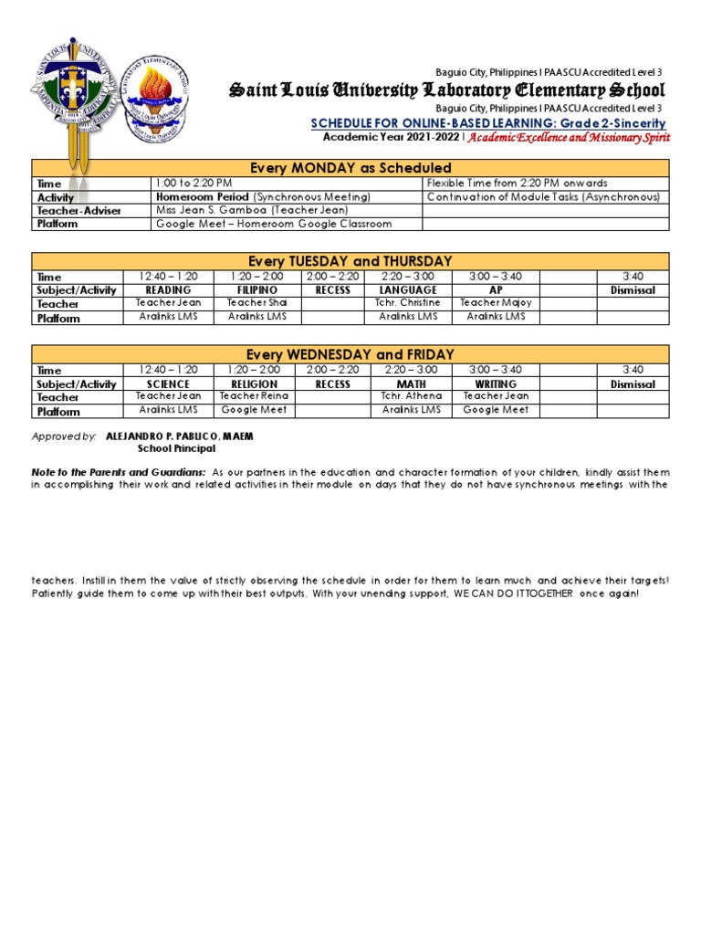 Baguio City Elementary School Online Learning Schedule | PDF | Behavior Modification | Learning