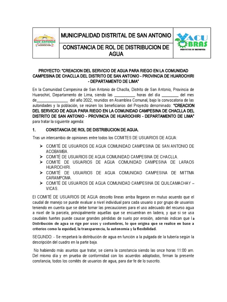 CONSTANCIA DE ROL DIST. DE AGUA - Acobamba | PDF | Agua y política | Administracion del Agua