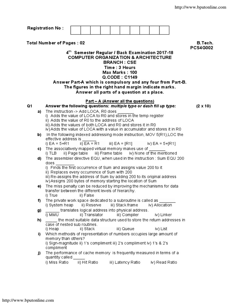 COA Exam Questions on Instruction Formats, Cache Memory, Pipelining | PDF | Subroutine | Cpu Cache