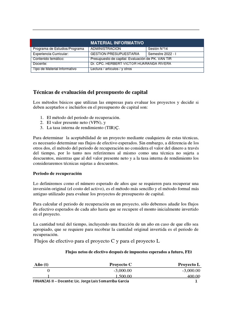 14 Semana 14 - Evaluación de Presupuestos de Capital | PDF | Tasa interna de retorno | Presupuesto