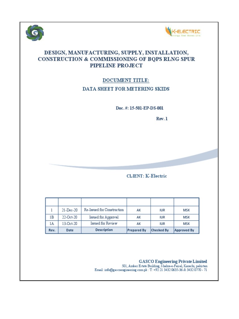 15-501-EP-DS-001 (Metering Skid Data Sheet), Rev.1 | PDF | Flow ...