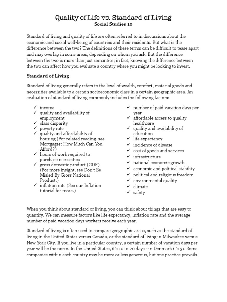 Distinguishing Quality of Life and Living | PDF | Standard Of Living ...