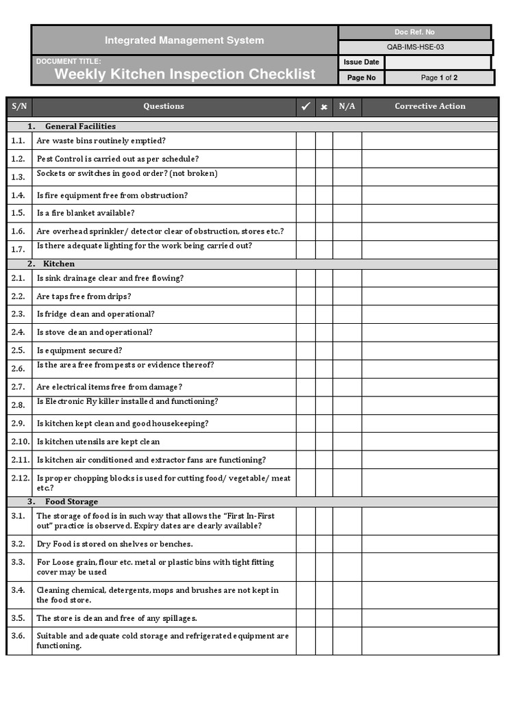 Weekly Kitchen Inspection Checklist | PDF | Kitchen | Home