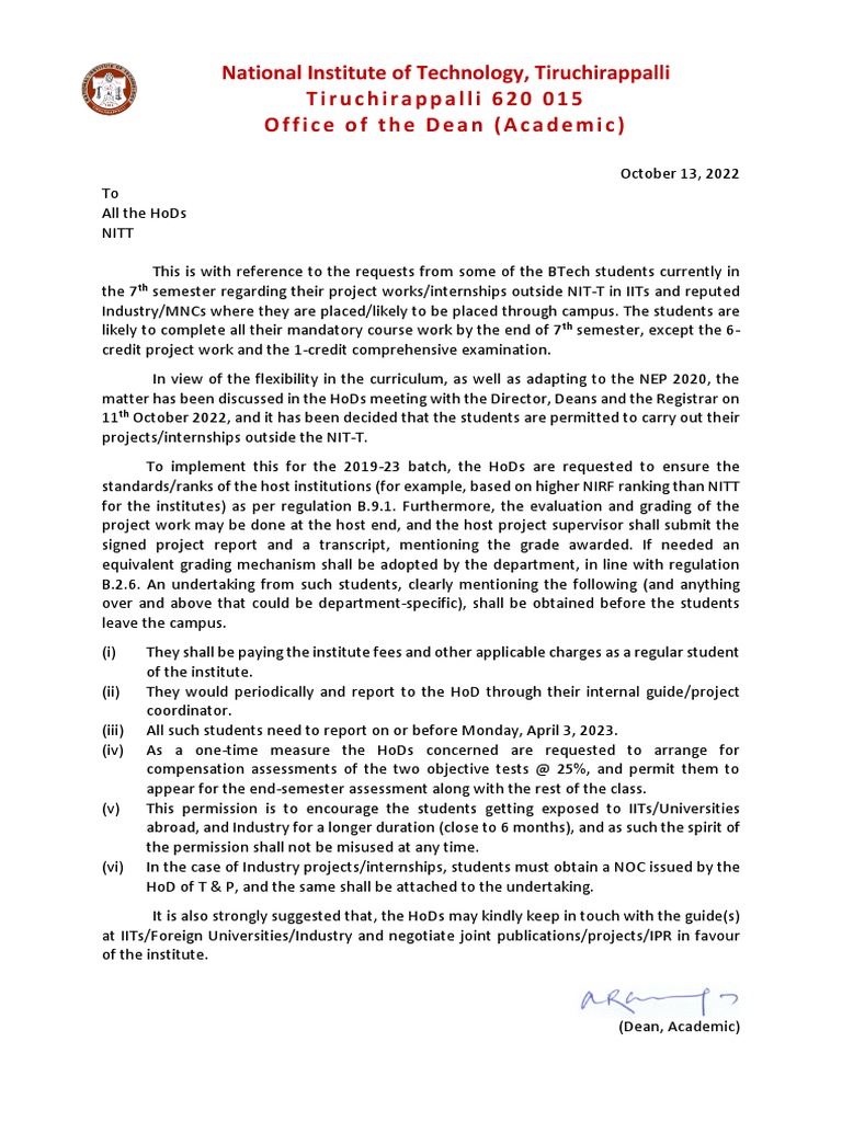 BTech Project Work Outside NITT | PDF