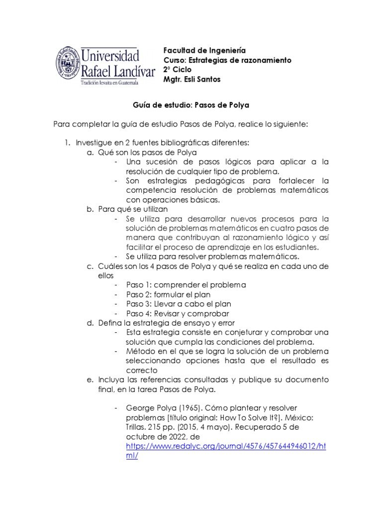 Guía de Estudio Pasos de Polya | PDF | Matemáticas | Cognición