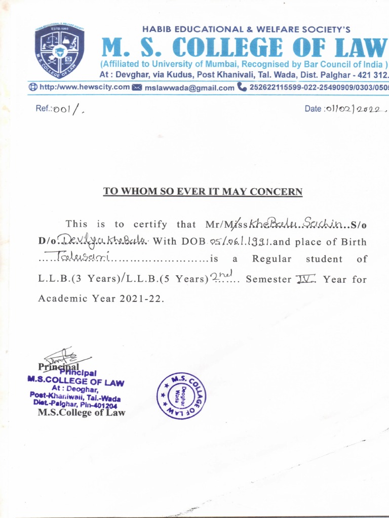 LLB Bonafide Certificate - 2022312 | PDF