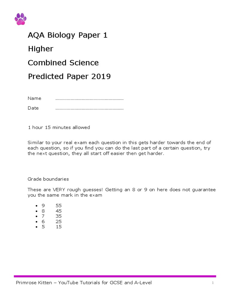 AQA Combined Science Biology Paper 1 Predicted Paper 2019 FINAL | PDF ...