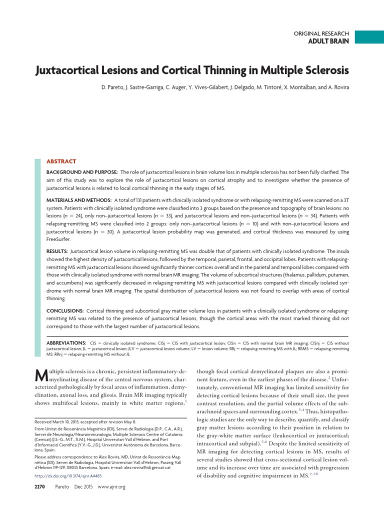 Juxtacortical Lesions and Cortical Thinning in Multiple Sclerosis | PDF | Cerebral Cortex ...
