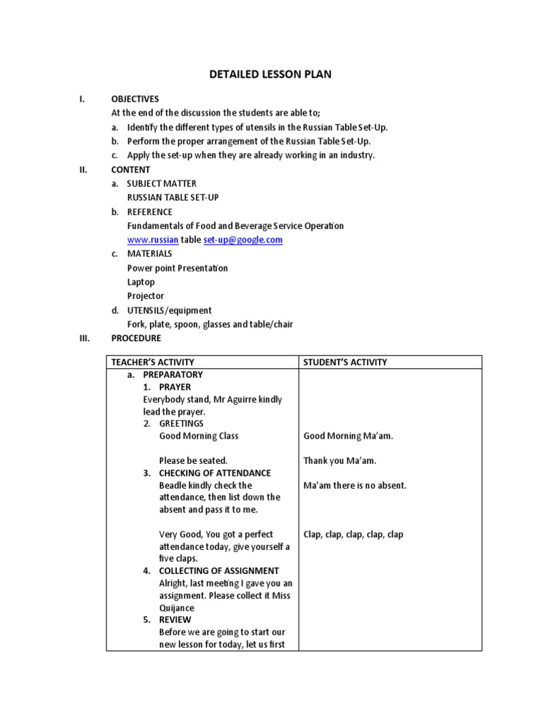 Detailed Lesson Plan | PDF | Tableware | Cooking