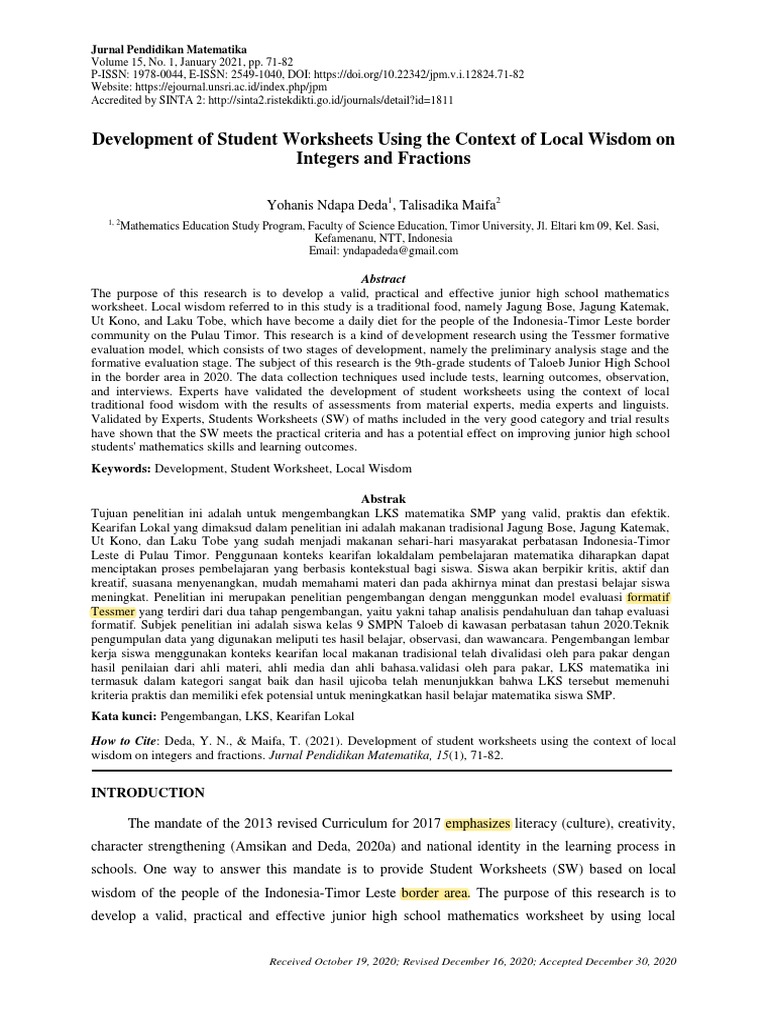 Development of Student Worksheets Using The Context of Local Wisdom On ...