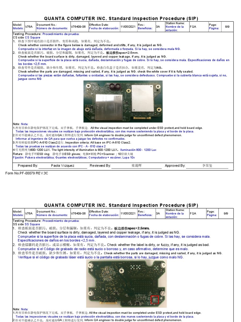 QUANTA COMPUTER INC. Standard Inspection Procedure (SIP) | PDF ...