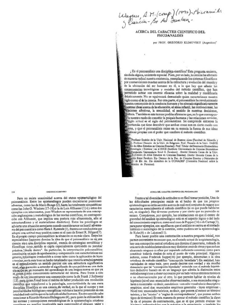 Klimovsky, Gregorio - Acerca Del Caracter Cientifico Del Psicoanalisis | PDF | Lógica | Empirismo