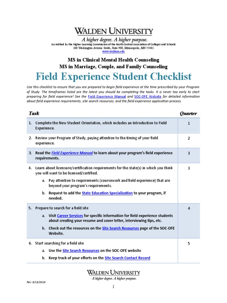Field Experience Checklist for Counseling MS | PDF | Health Care