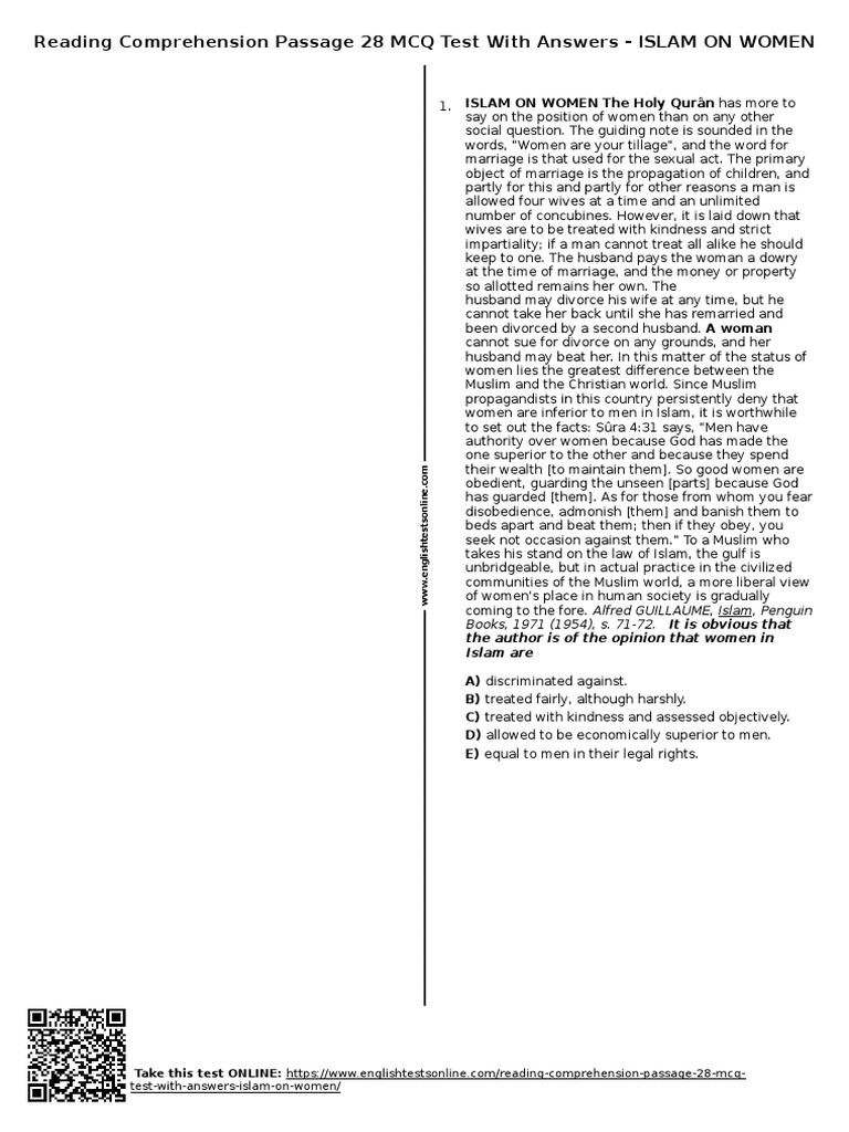 598 - Reading Comprehension Passage 28 MCQ Test With Answers Islam On ...