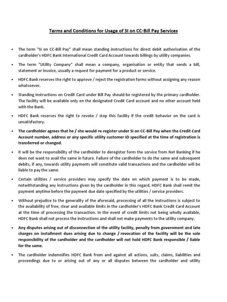 Terms and Conditions For Usage of SI On CC-Bill Pay Services | PDF ...