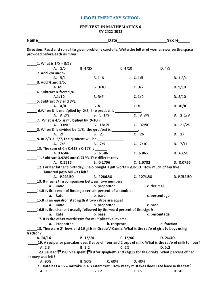 6th Grade Math Diagnostic Test | PDF | Triangle | Ratio