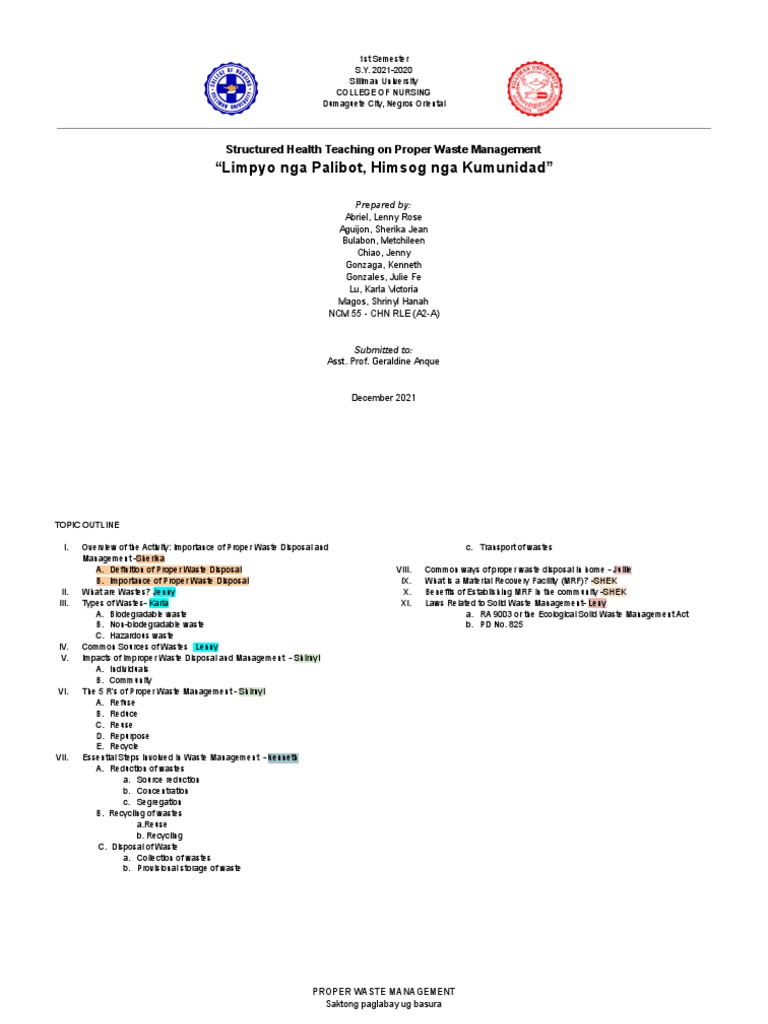 A2 A Lesson Plan On Proper Waste Disposal Management | PDF | Municipal ...
