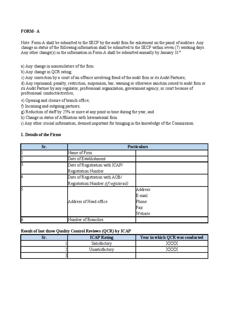 Form A Application Form Panel of Auditors and Specimen For Affidavit ...