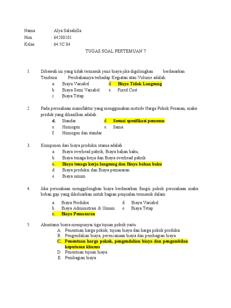 Quiz Pertemuan 7 Akuntansi Biaya - Alya Salsabilla | PDF | Bisnis ...