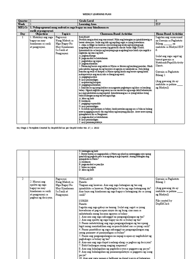 Key Stage 1 Template Created by Depedclick As Per Deped Order No. 17, S ...