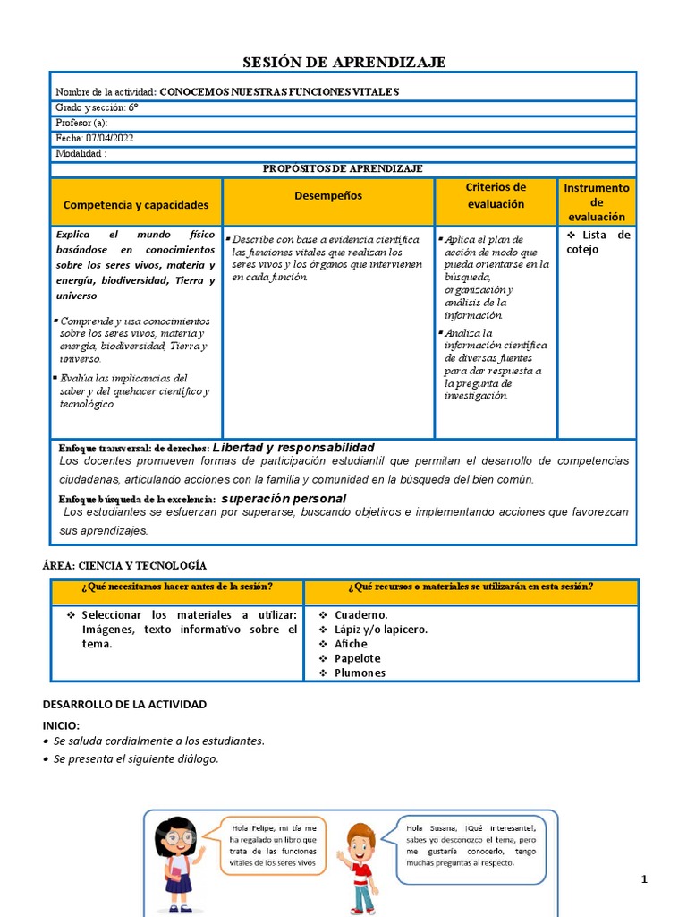 Sesion Conocemos Nuestras Funciones Vitales Pdf Evaluación