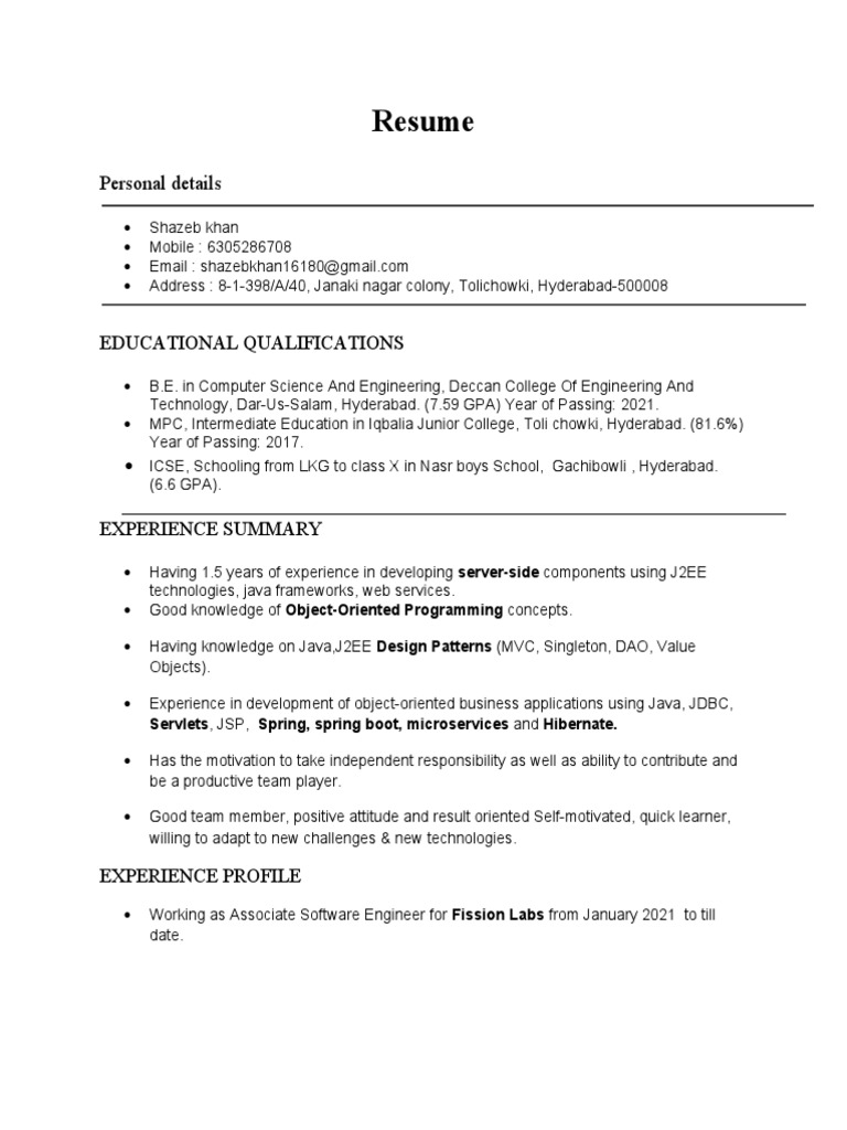 Shazeb Resume Pdf Spring Framework Java Programming Language 5002