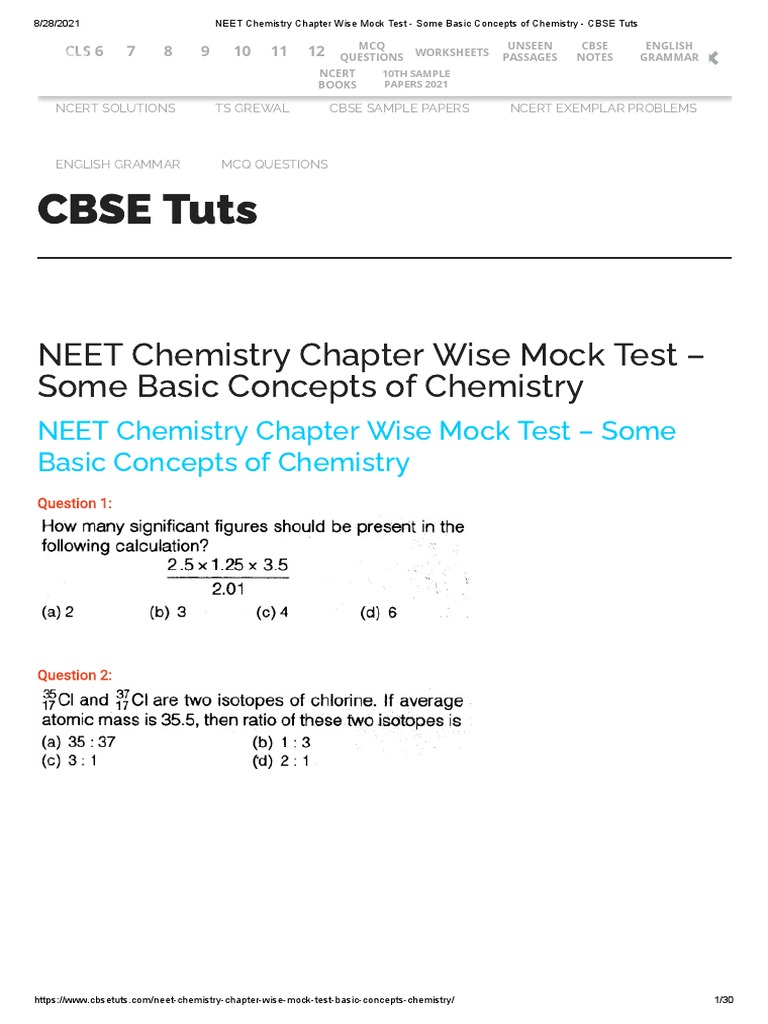 NEET Mock Test: Basic Chemistry Concepts | PDF | Aluminium | Chlorine