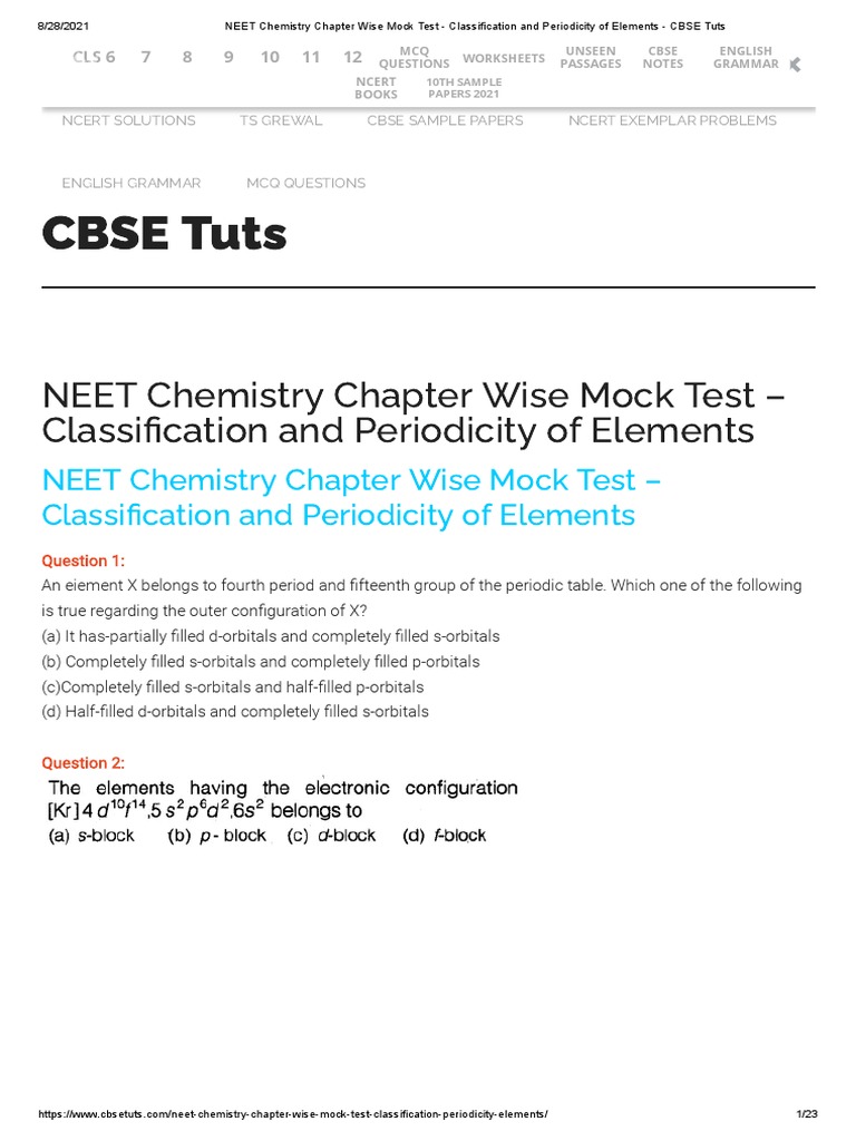 NEET Chemistry Chapter Wise Mock Test - Classification and Periodicity ...