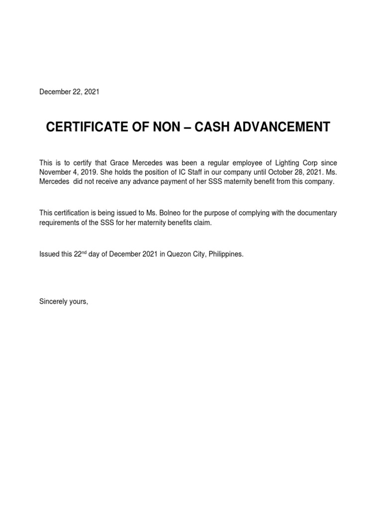 Certificate of Non-Cash Advancement for Maternity | PDF