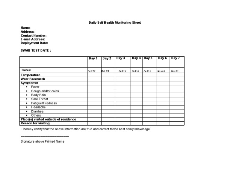 Daily Self Health Monitoring Sheet RW 1 | PDF