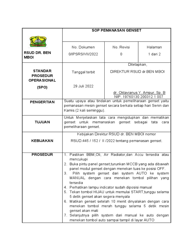 Sop Pemanasan Genset RS Ben Mboi | PDF