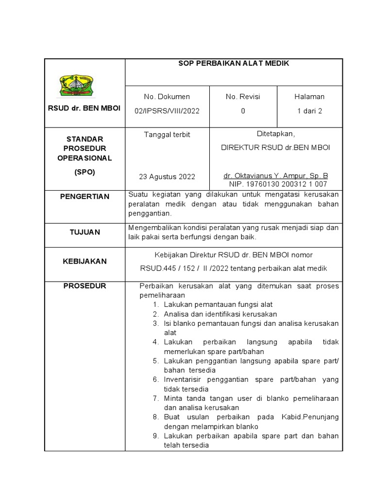 SOP Perbaikan Alat Medik RSUD dr. BEN MBOI | PDF