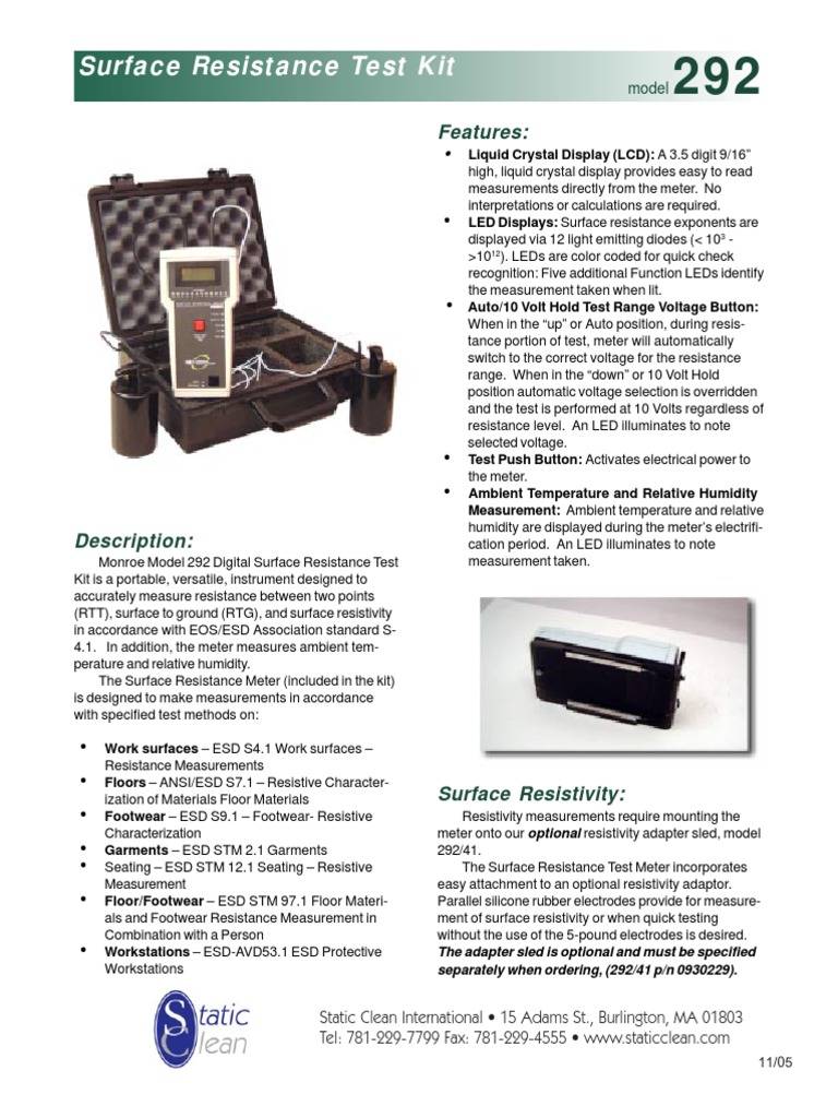 292 Surface Resistance Test Kit Spec | PDF | Electrostatic Discharge ...