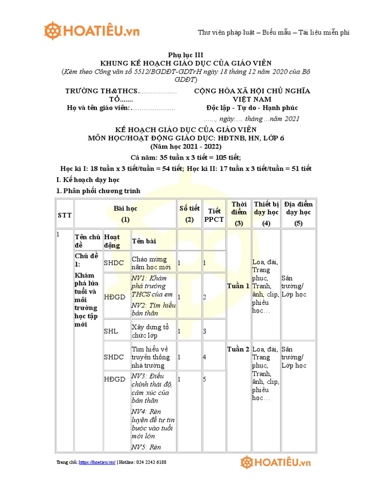 Ke Hoach Giao Duc Hoat Dong Trai Nghiem Huong Nghiep Lop 6 Sach Chan Troi Sang Tao | PDF