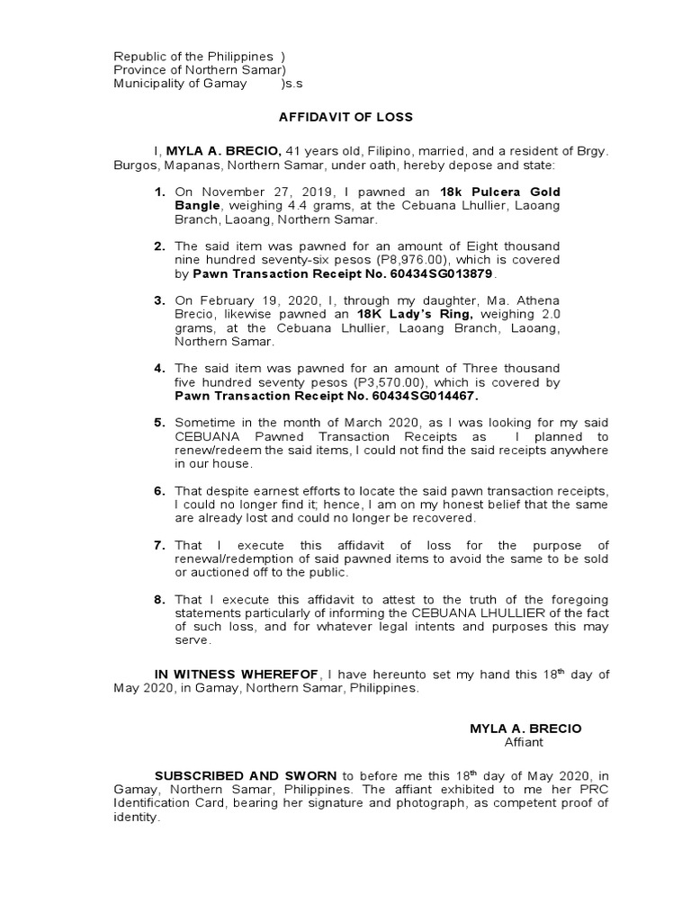 Affidavit of Loss Cebuana Receipts | PDF