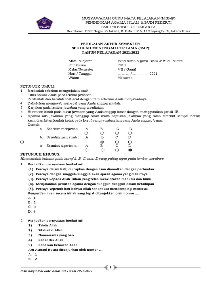 Soal Pas Pai Kelas 7 | PDF