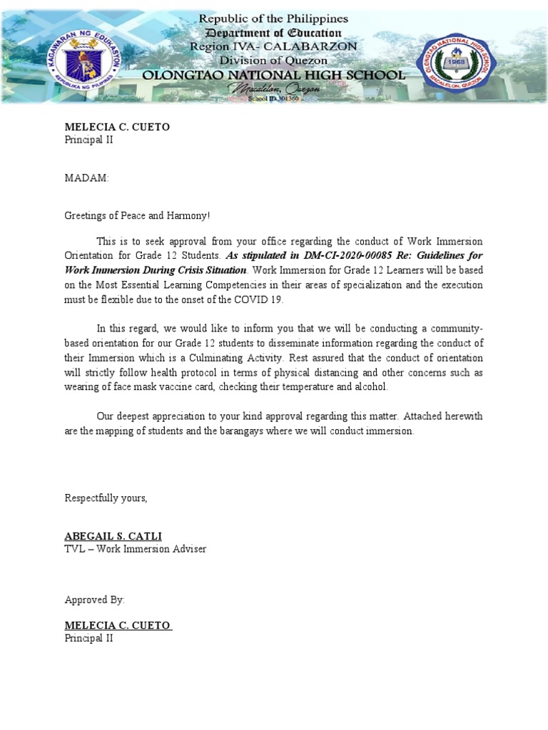 Work Immersion Letter | PDF | Pandemic | Ongoing Events