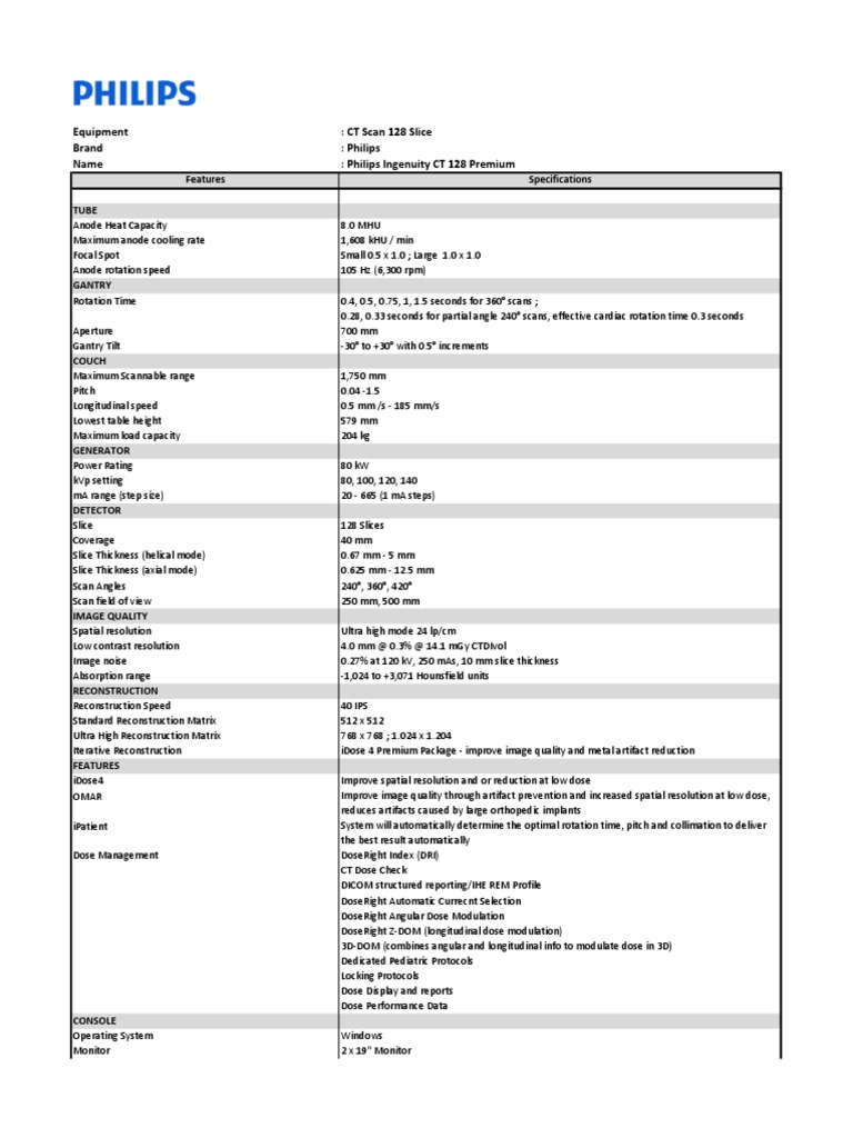 Spesifikasi Philips Ingenuity CT 128 Premium | PDF | Ct Scan | Imaging