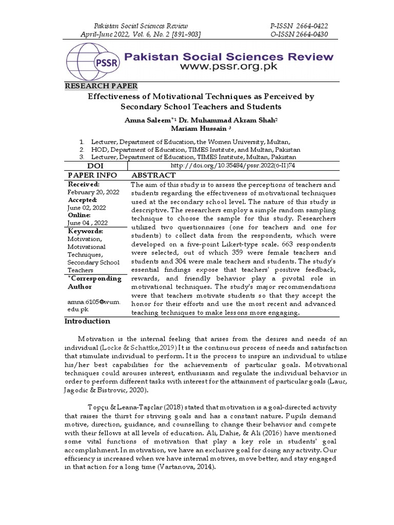 Effectiveness of Motivational Techniques As Perceived by Secondary School Teachers and Students ...